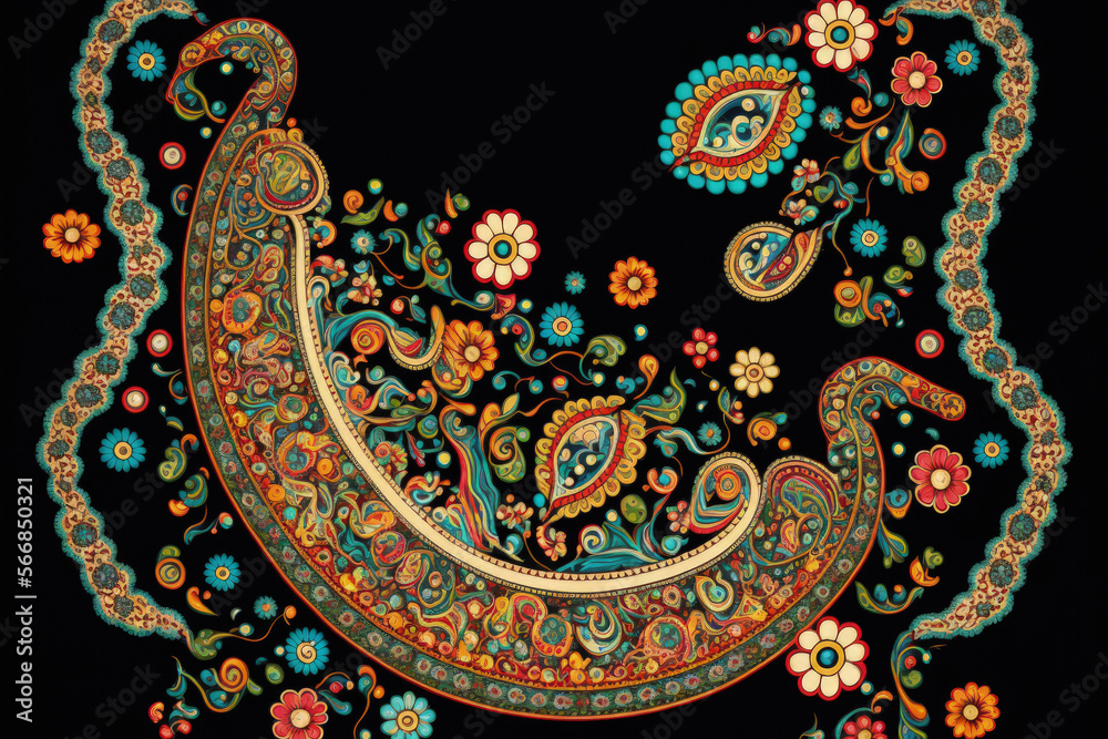 For digital textile prints on suits and saris, a multicolored paisley ...