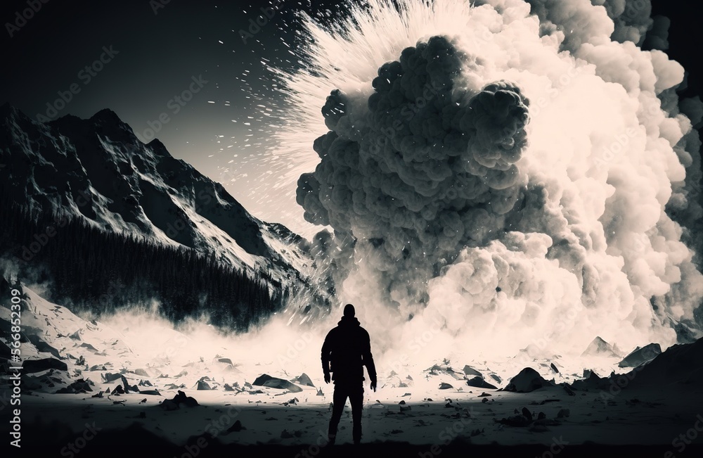 Silhouette of a man watching huge avalanche coming. Natural disaster ...