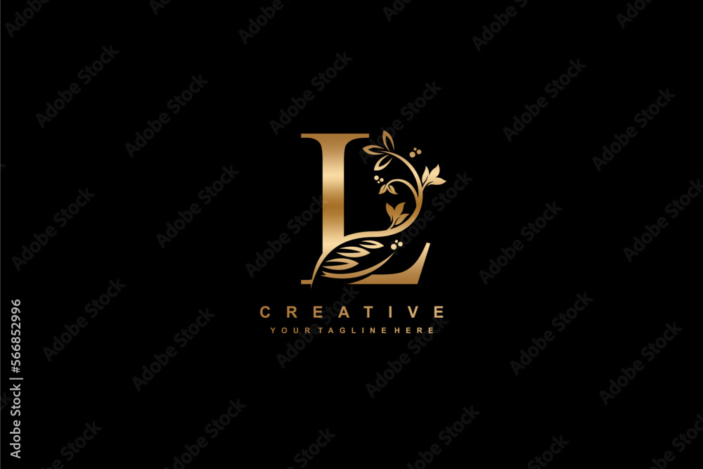 letter L logo design with flowers, leaves and golden feathers in a ...