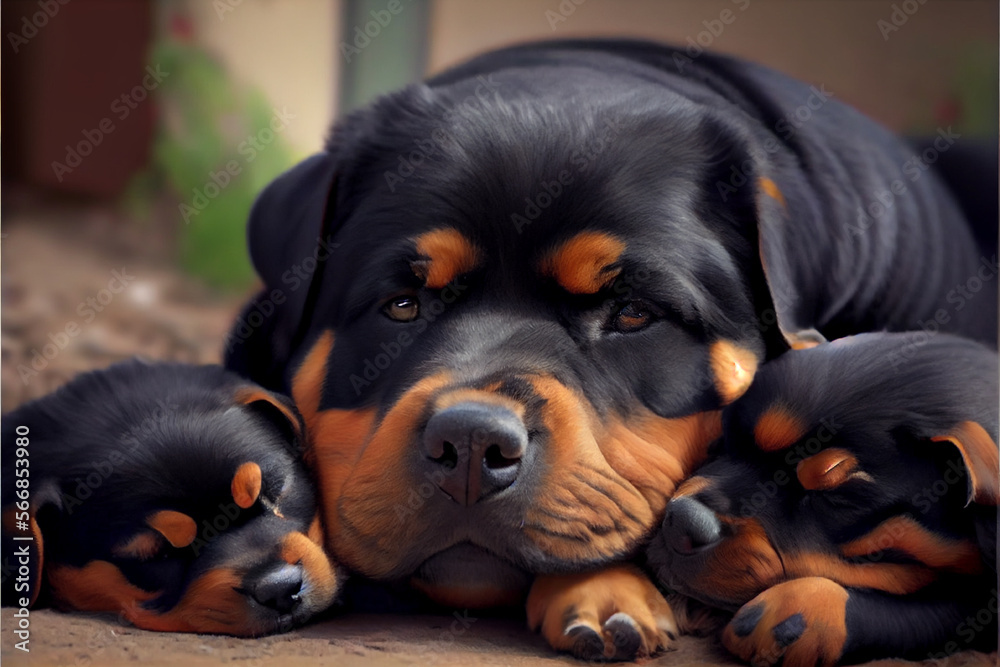 Adorable and fluffy mother Rottweiler with her cute little puppies ...