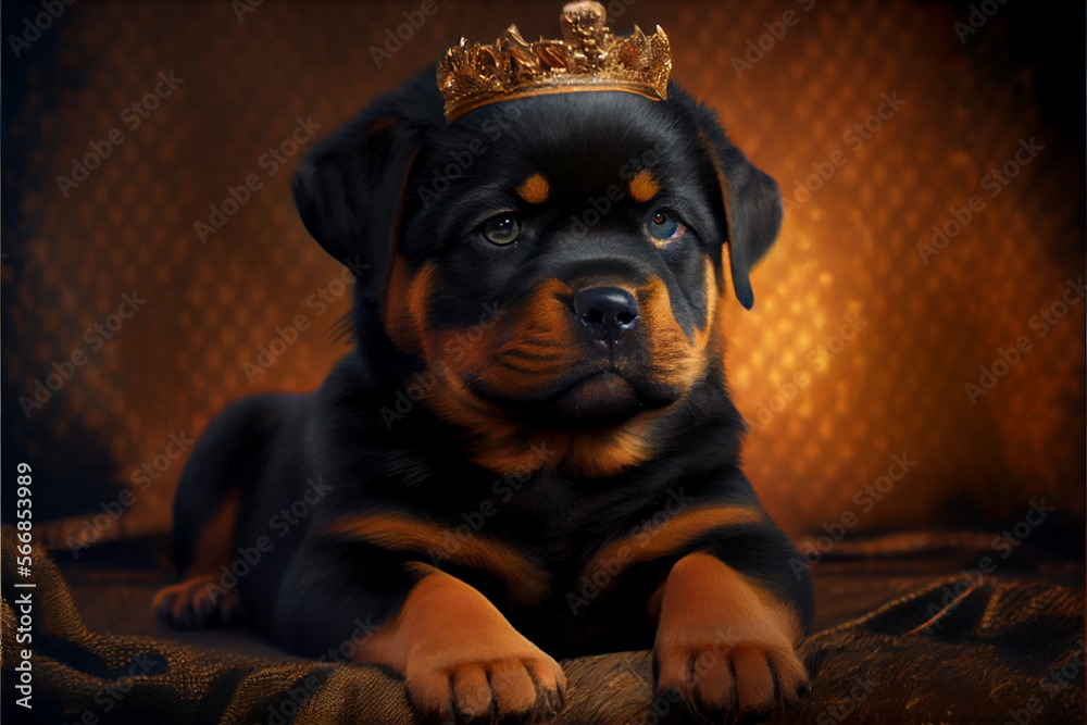 Adorable, cute and fluffy Royal Rottweiler with a crown on his head and ...