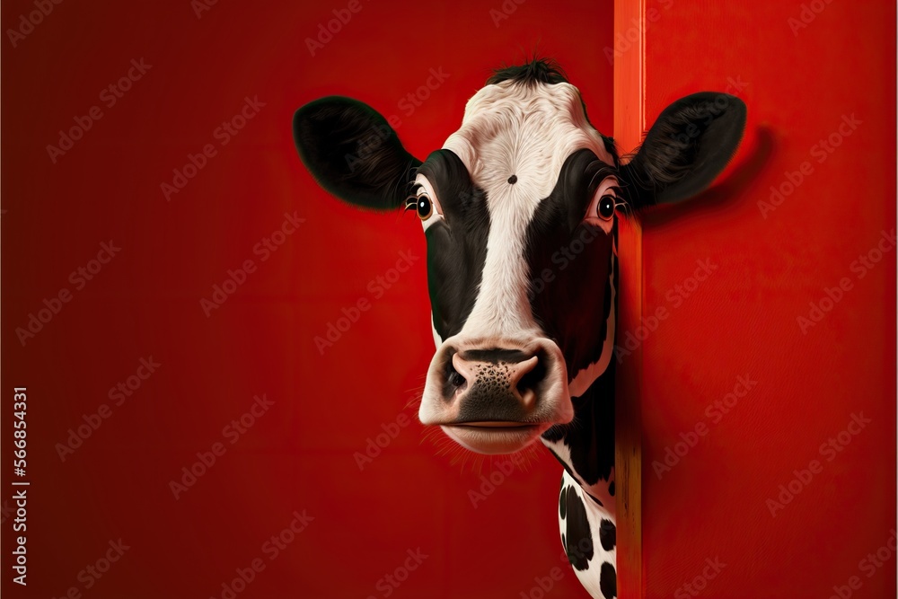 Head of a curious cow peeking around the corner, on a red background ...