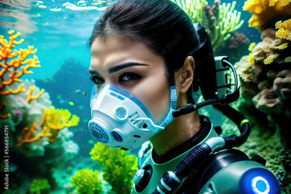 High tech future cyborg scuba diver underwater in coral reef with ...