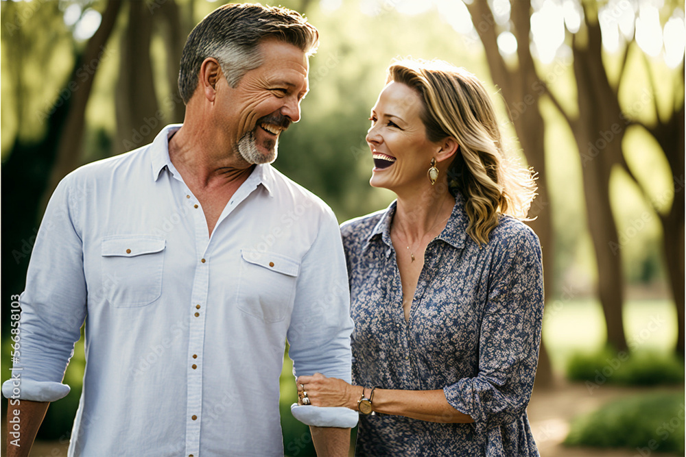 Beautiful happy middle aged love couple outside in a park (AI Generated ...