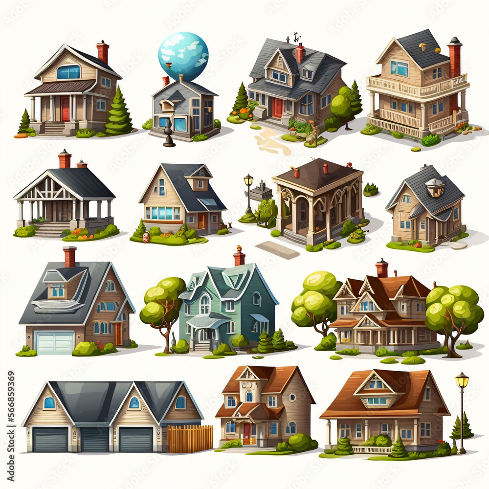 suburban houses set of videogame sprite assets isolated on a white ...