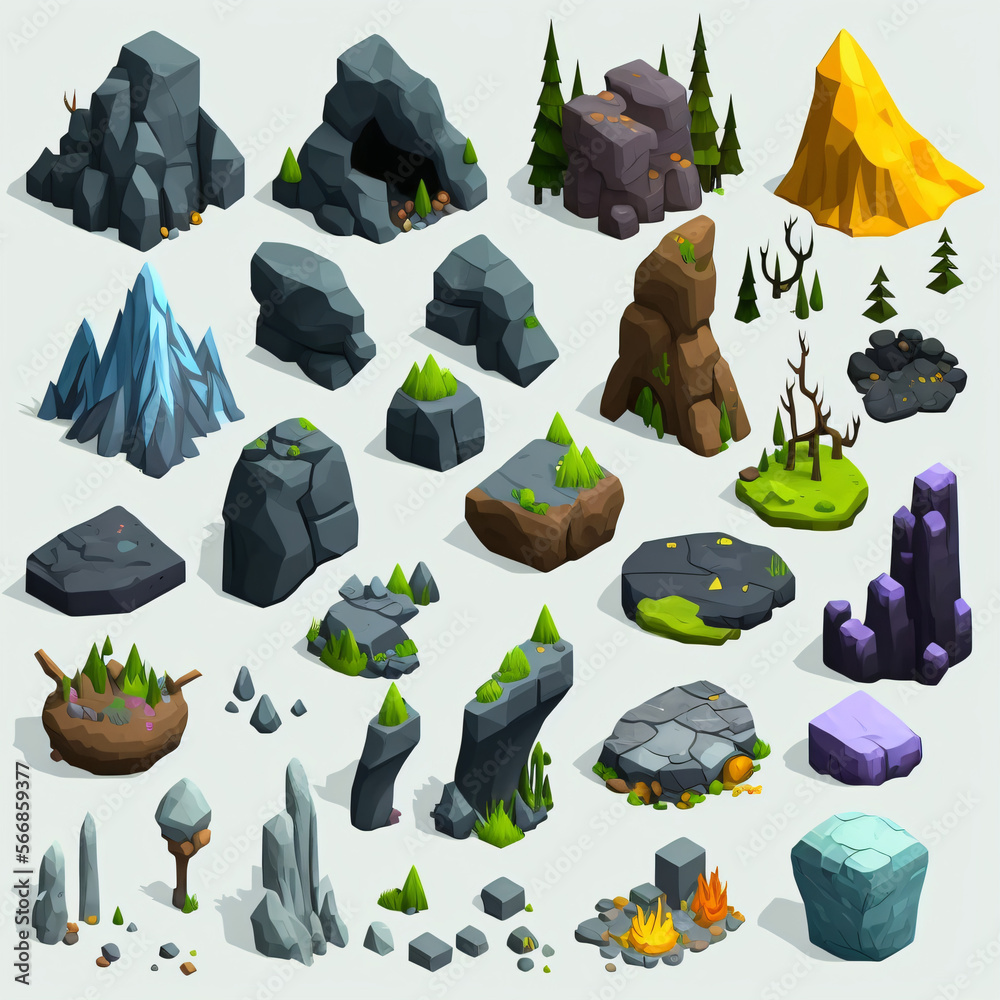 stone, rocks, and cavern set of videogame sprite assets isolated on a ...