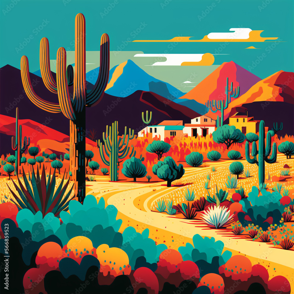 Mexican style town in the desert pop art landscape illustration ...