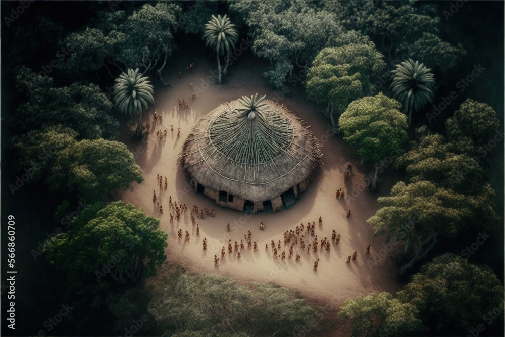 Aerial view of indigenous tribe huts in forest, Digital illustration ...