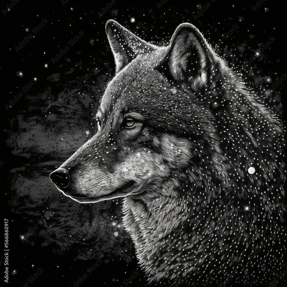 pointillism style black and white illustration of a wolf isolated in a ...