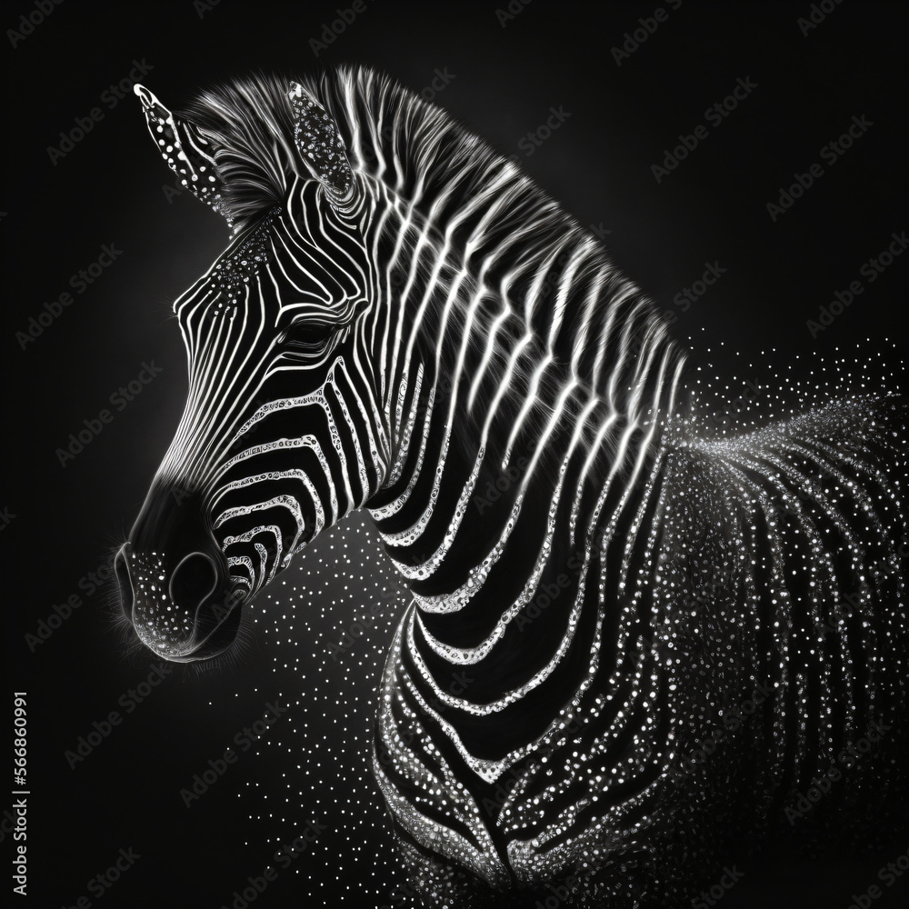 pointillism style black and white illustration of a zebra isolated in a ...
