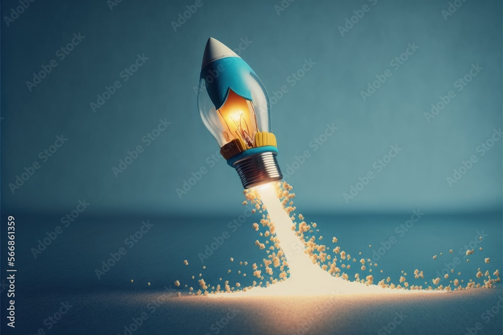 Lightbulb shaped rocket in launch, blue background success ideas ...