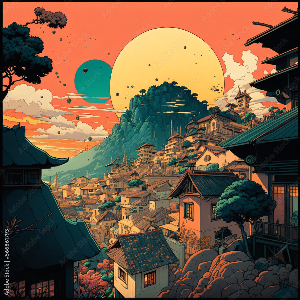anime style illustration of a Japanese village with the sun shining in ...