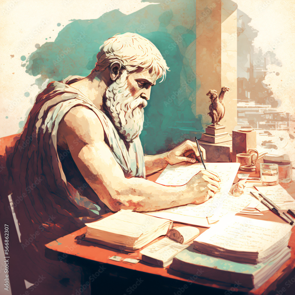 watercolor illustration of philosopher Plutarch writing in a piece of ...