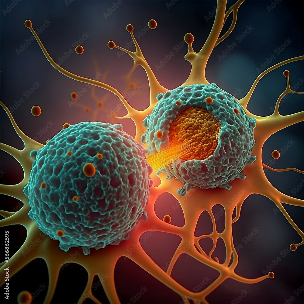 Immune cells fighting with cancer cells, bright colors, visual ...