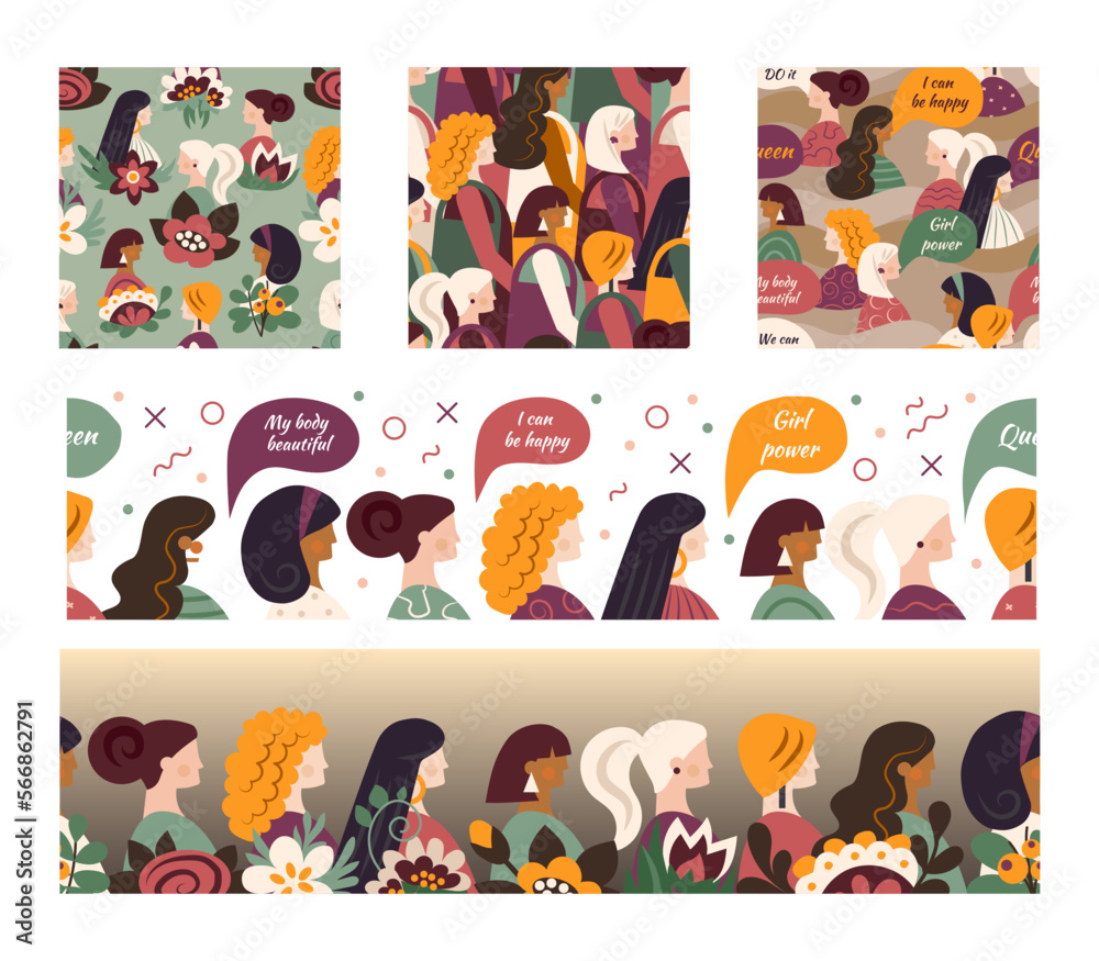 Collage of patterns for design with different women on white background ...