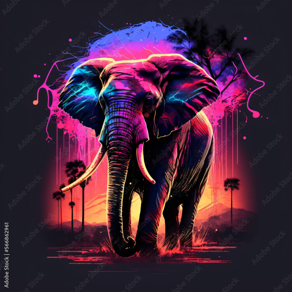elephant neon style art design isolated on a black background ...