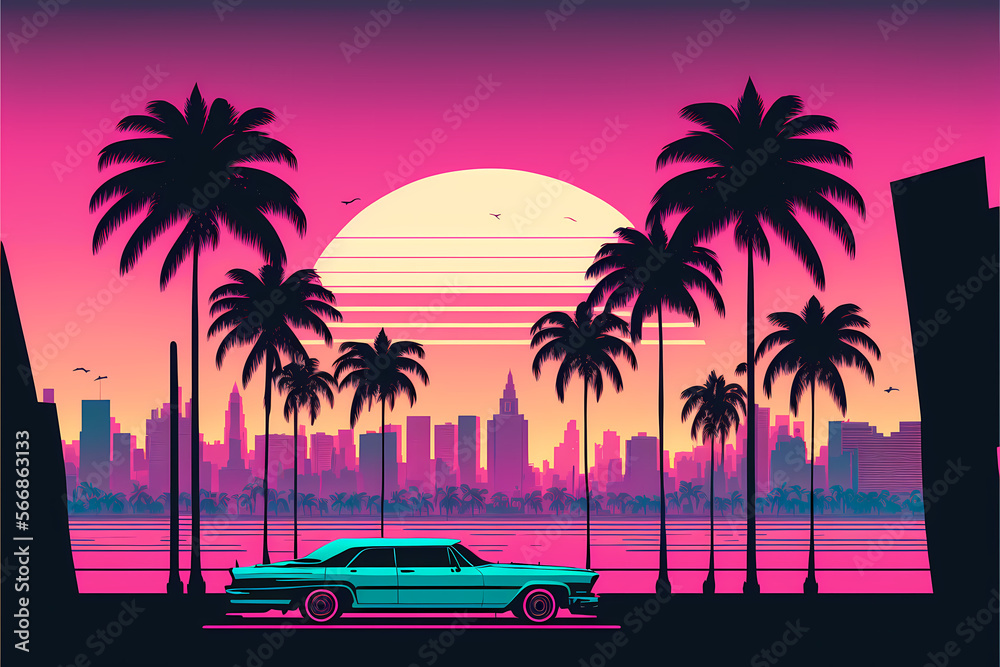 sunset on the beach vice city style 80s created with Generative AI ...