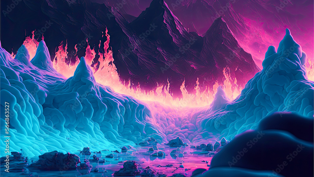 Lava melting ice and glacier of snow landscape. Concept art ...
