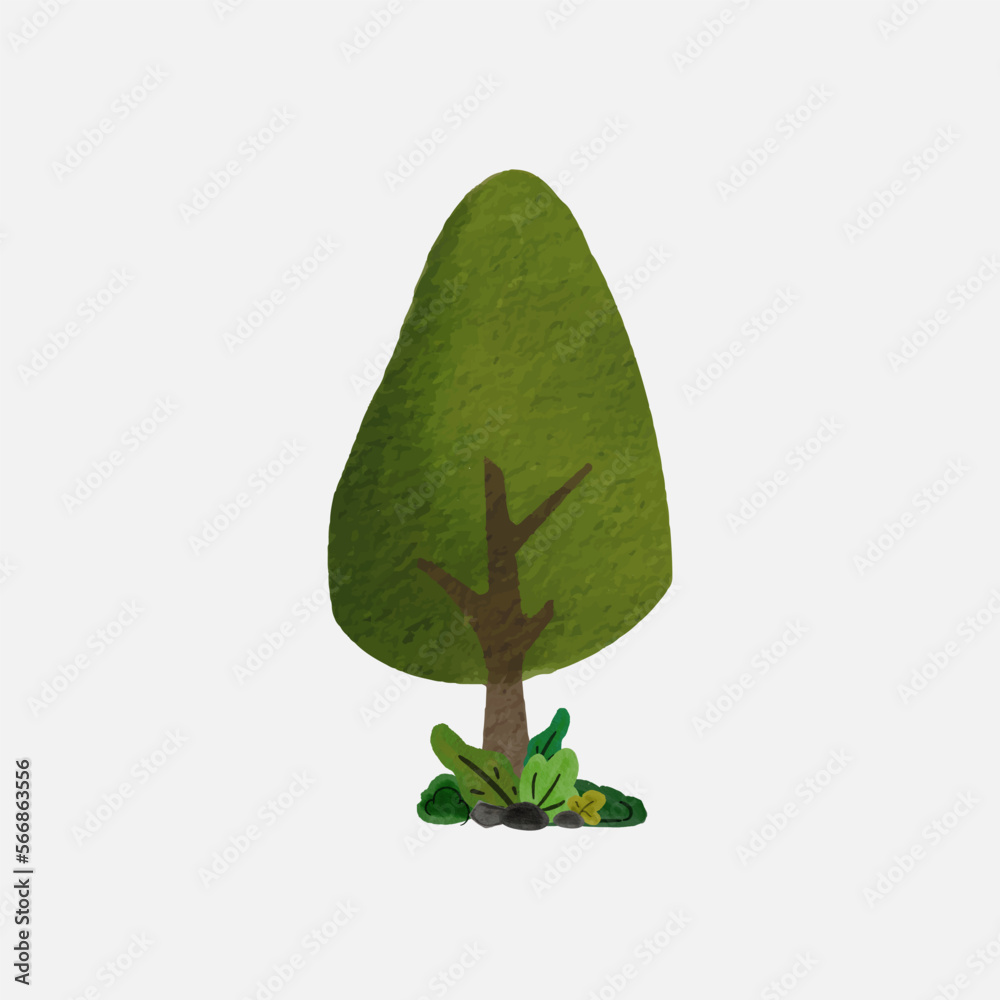 Watercolor stylized trees. Natural vector illustration. Side view tree ...