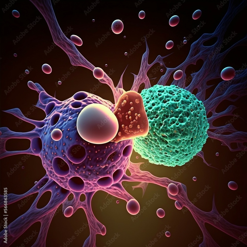 Immune cells fighting with cancer cells, bright colors, visual ...
