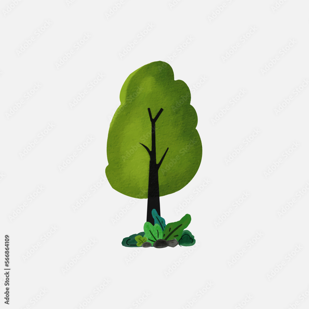 Watercolor stylized trees. Natural vector illustration. Side view tree ...
