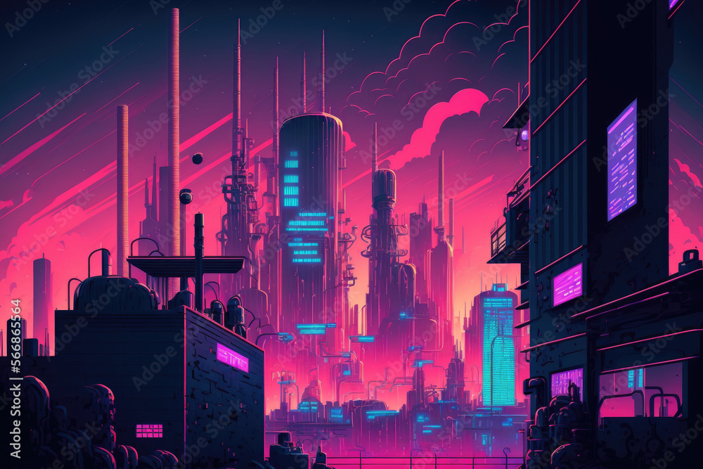 city of cyberpunk. futuristic urban neon. evening city in the future ...