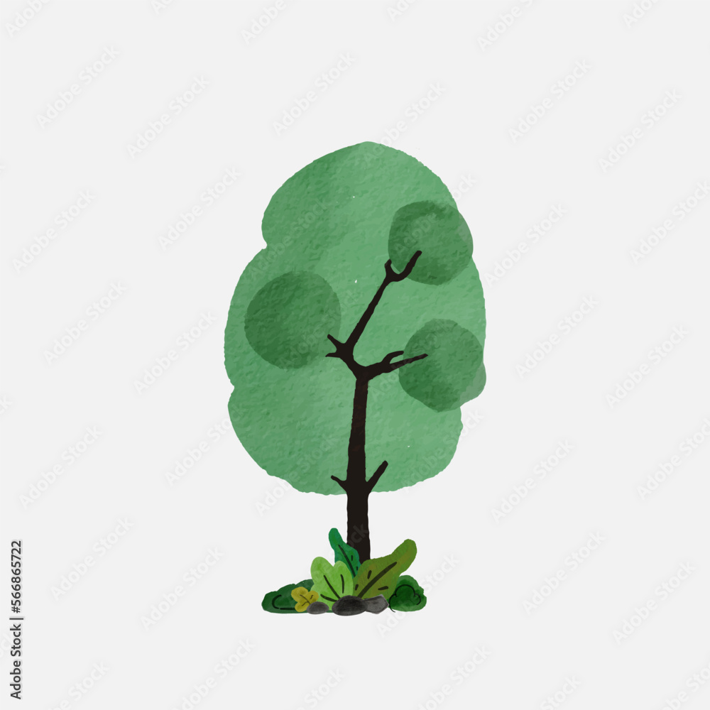 Watercolor stylized trees. Natural vector illustration. Side view tree ...