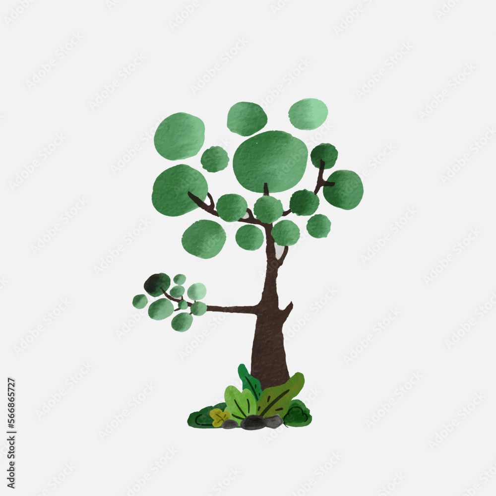 Watercolor stylized trees. Natural vector illustration. Side view tree ...