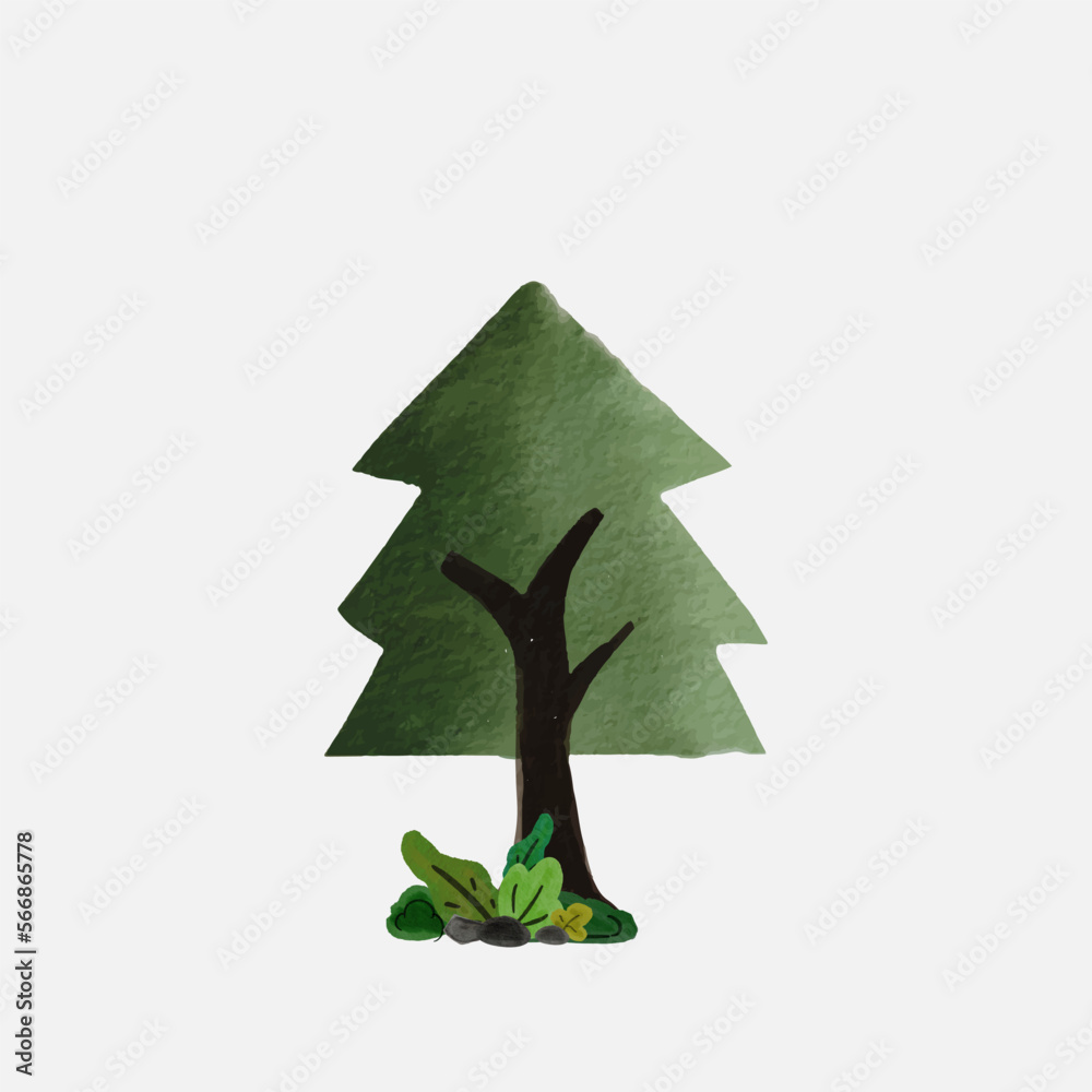 Watercolor stylized trees. Natural vector illustration. Side view tree ...