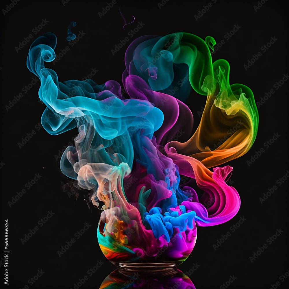 Vivid, ethereal, rainbow-colored smoke wisping against a stark black ...