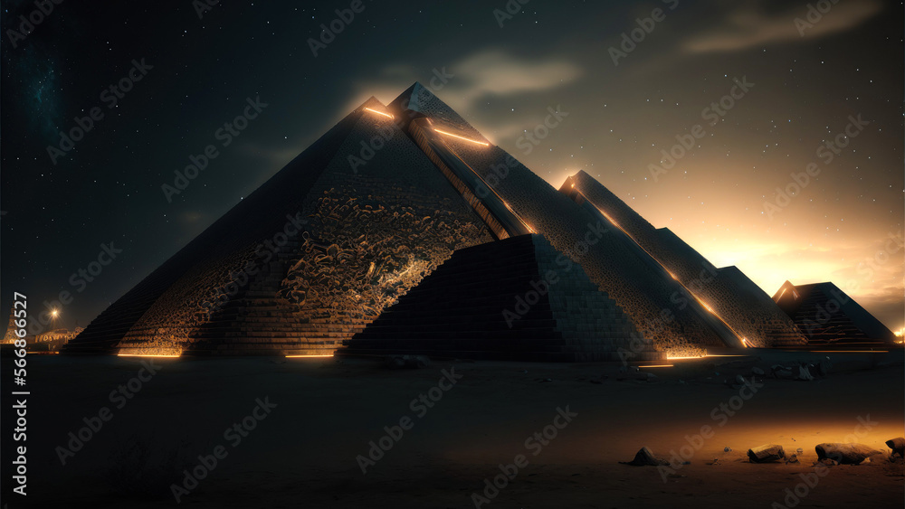 Futuristic desert with egyptian and aztec architecture pyramid, with ...