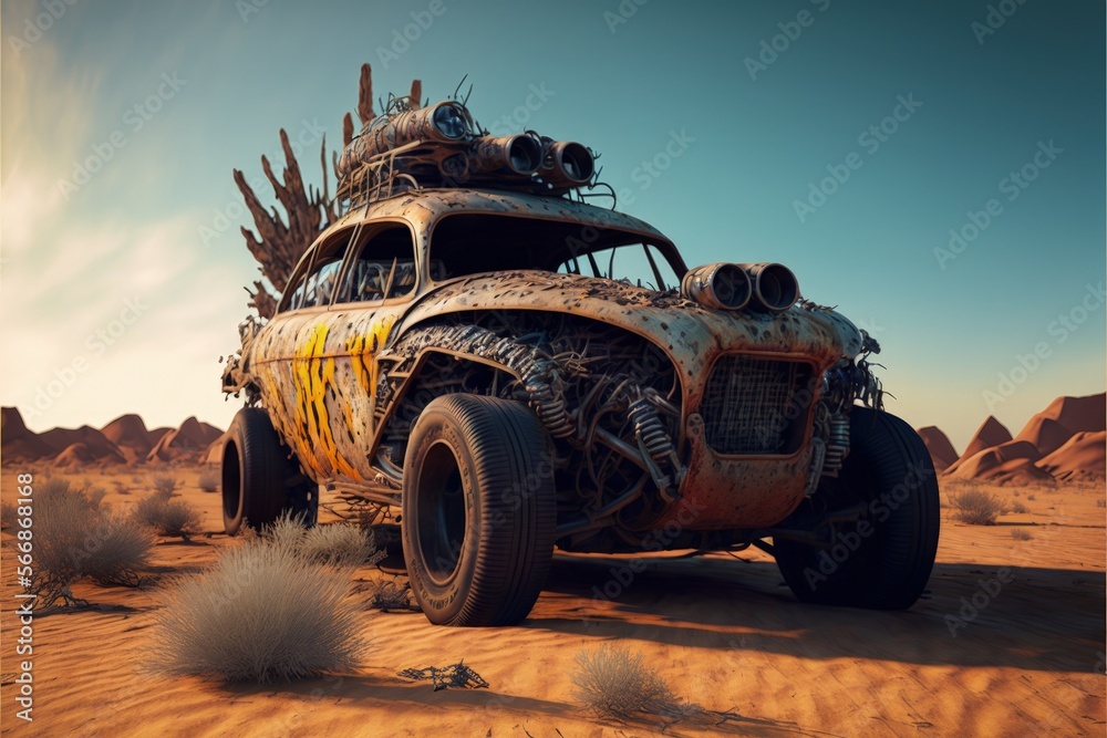 Landscape with deteriorated and rusty custom car in the desert, mad max ...