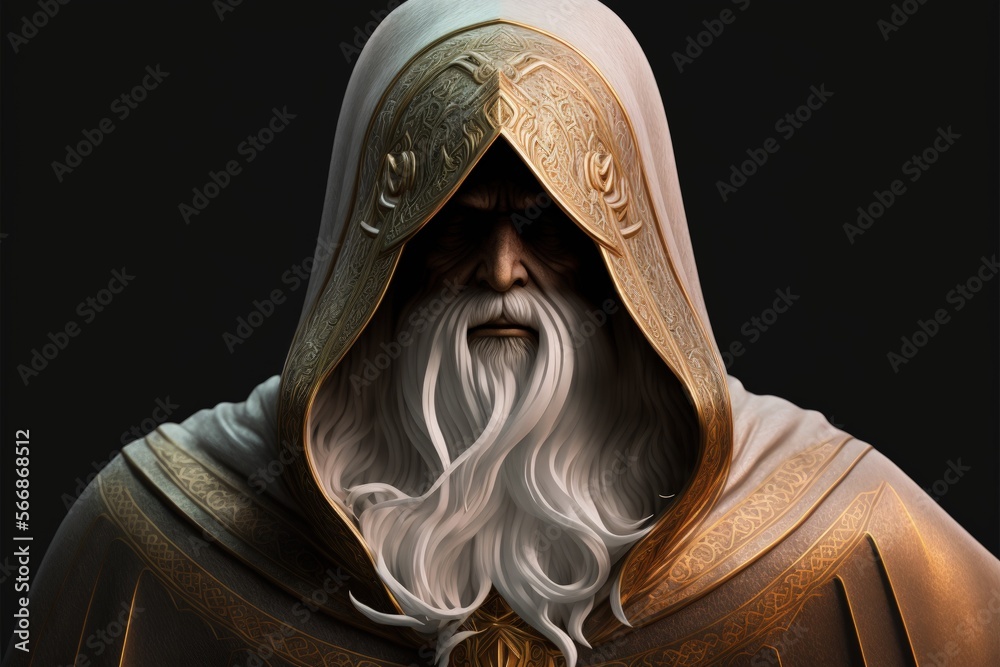 Illustration of wizard with hood and golden cape, fantasy concept ...
