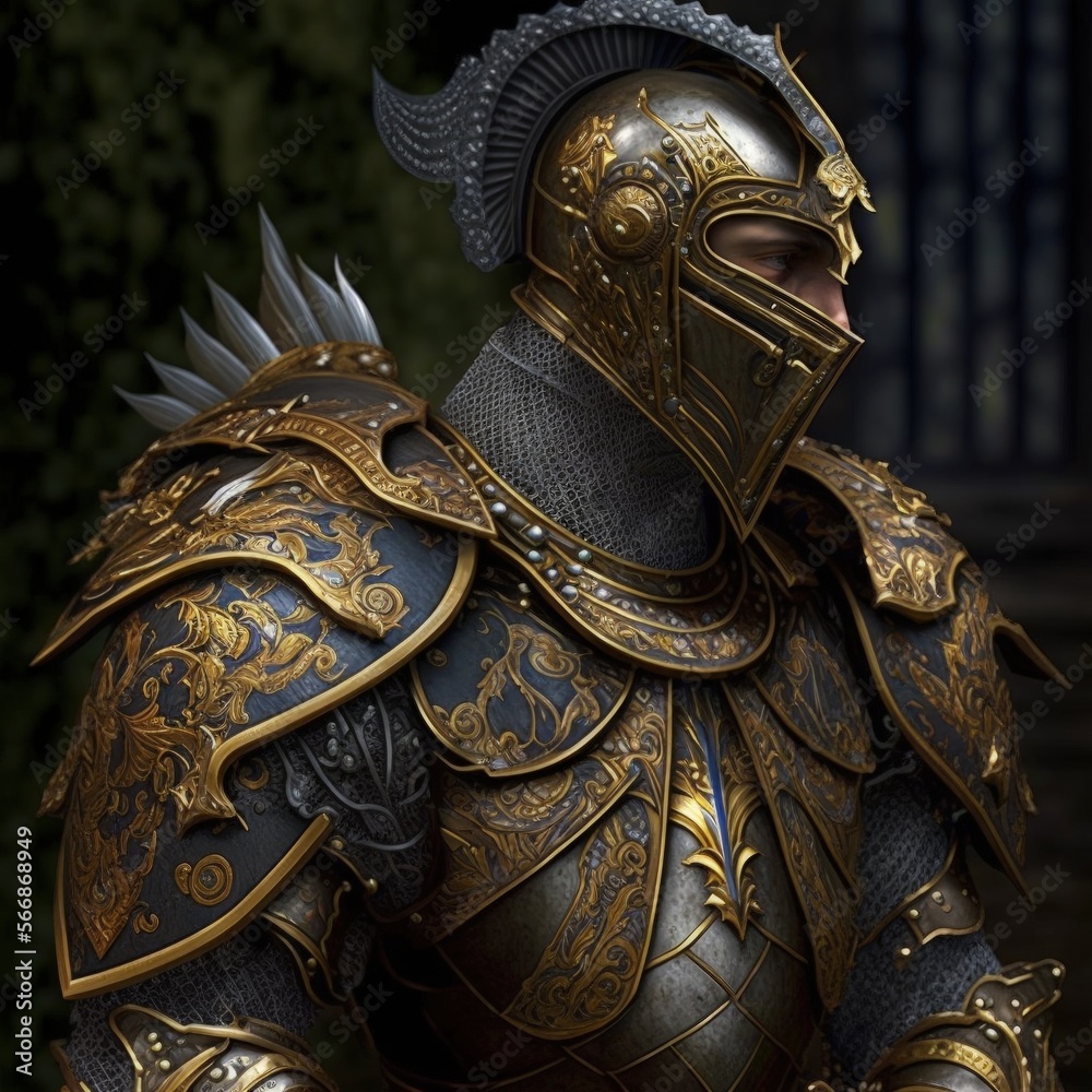 Medieval knight in armor with golden adornments, guarding the queen ...