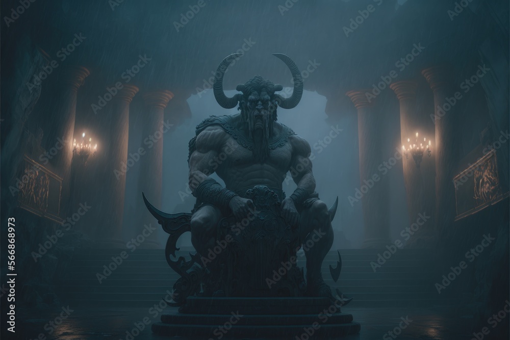 Minotaur statue, Greek city in the background with fog, Greek mythology ...