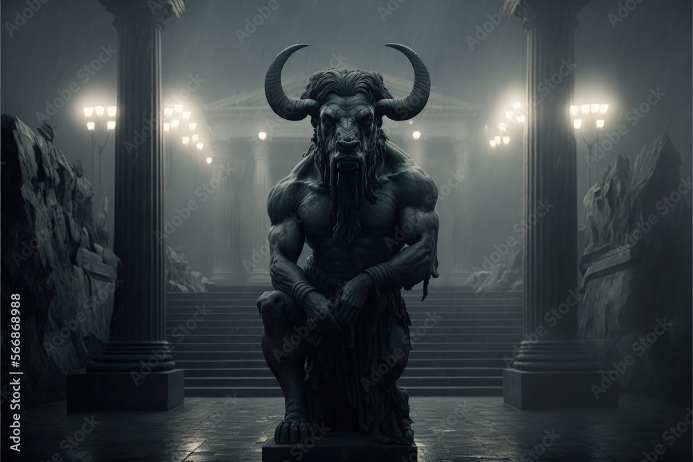 Minotaur statue, Greek city in the background with fog, Greek mythology ...
