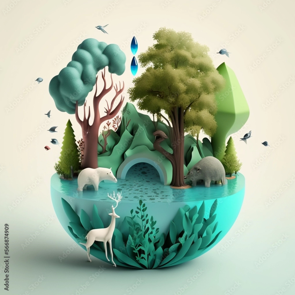create a 3d environment logo, ecological, with trees, water, miniature ...