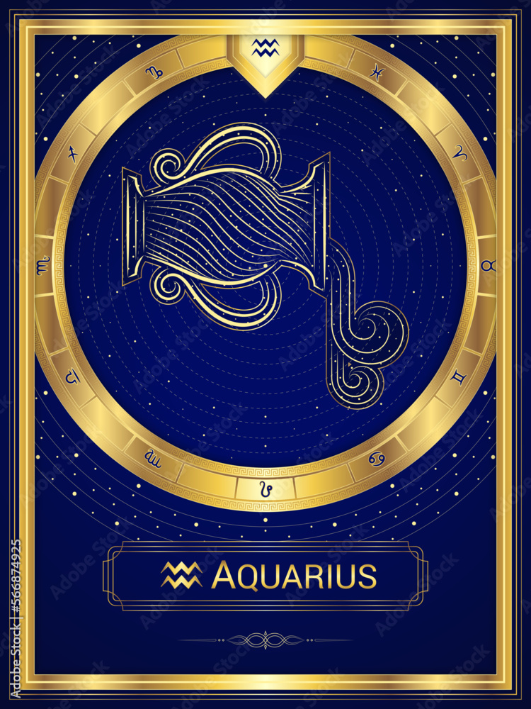 Water-Bearer Aquarius Zodiac Sign and Symbol, Classic Luxury Circular ...
