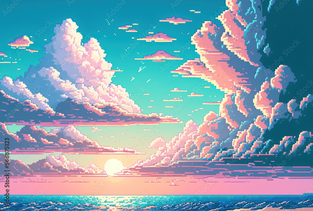 Pastel sweet blue pink sky pixel art style. background with copy space ...