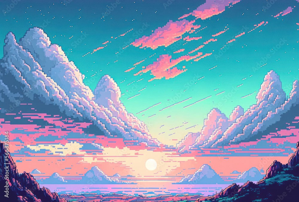 Pastel sweet blue pink sky pixel art style. background with copy space ...