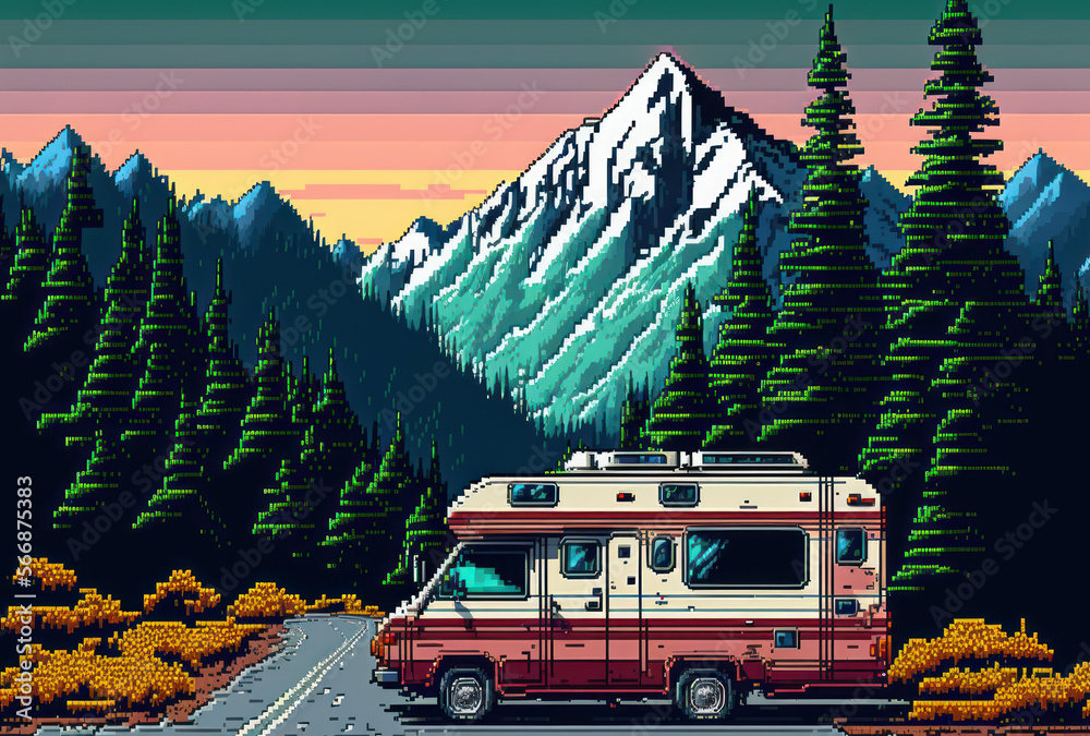 Camper van travel road trip beautiful view landscape pixel art style ...