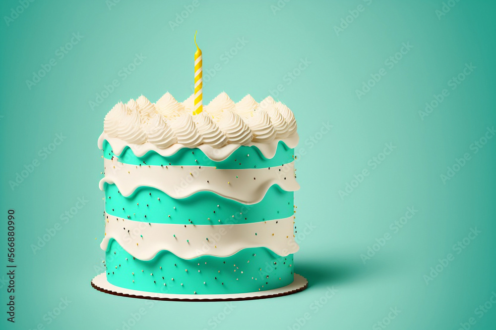Cyan blue birthday cake with white icing and candle, solid background ...