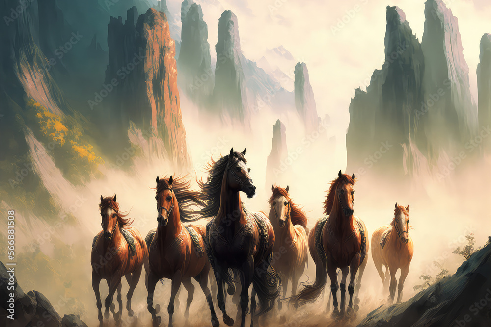 3d illustration six horse on Chinese hill background of successful ...