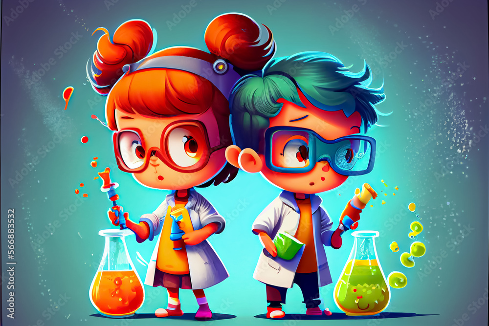 cartoon kids science experimenting chemicals National Science Day Stock ...