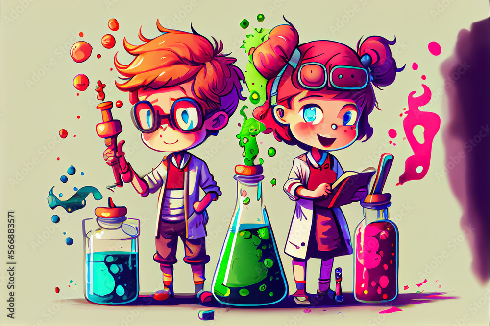 cartoon kids science experimenting chemicals National Science Day Stock ...