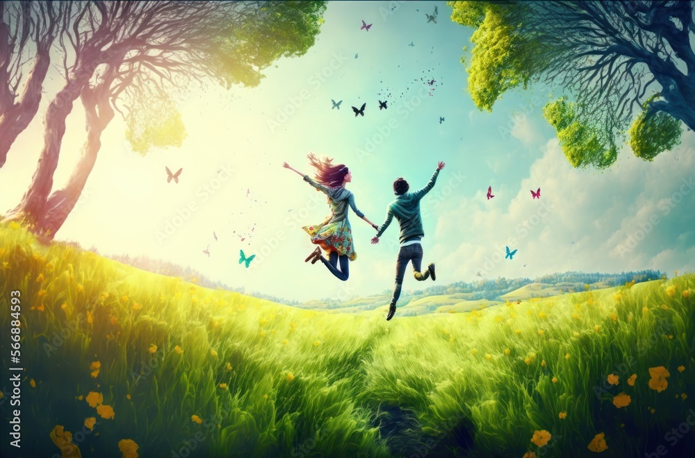 world environment day concept touching young couple jumping and playing ...