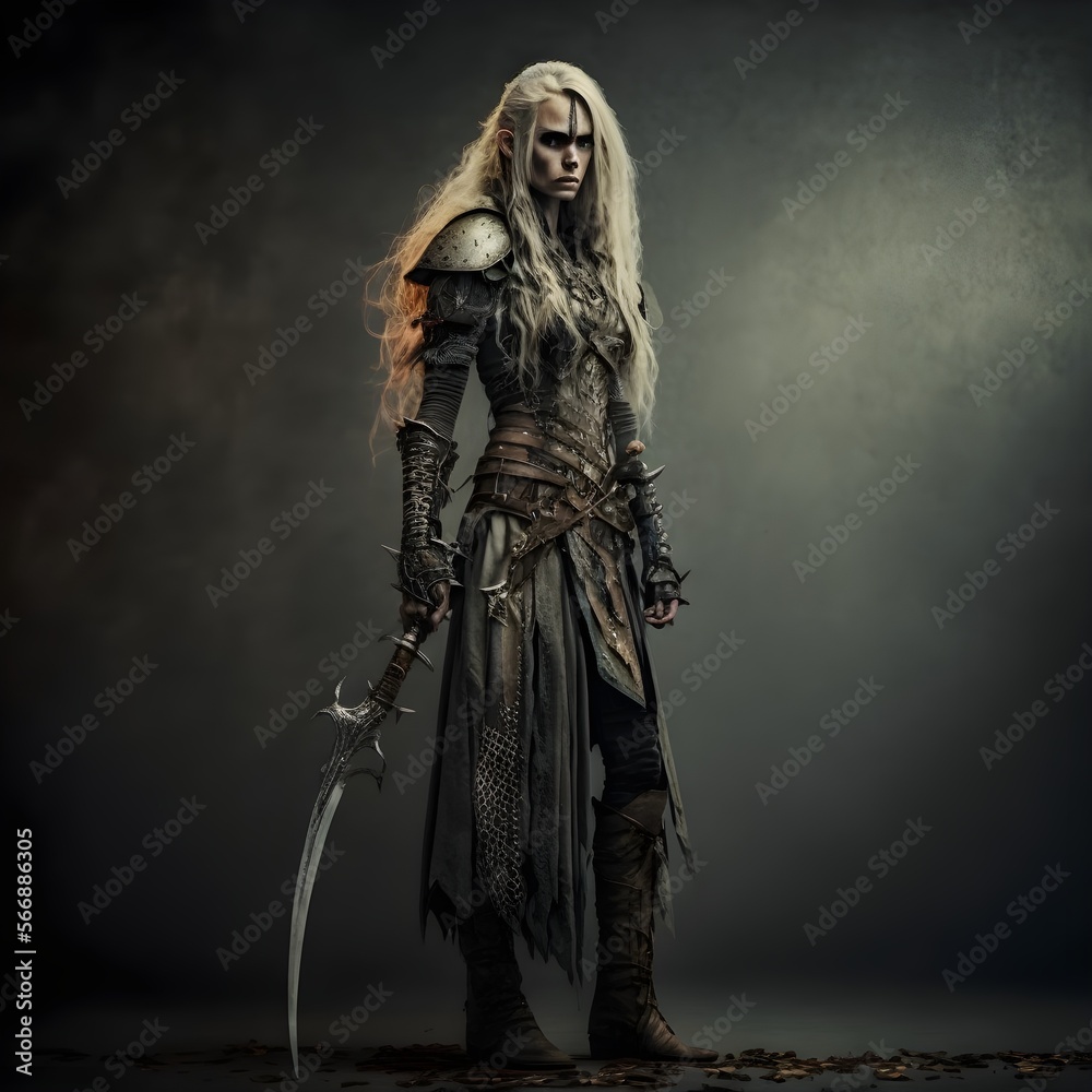 full body shot of a blonde halfelven woman dressed in rags and shredded ...
