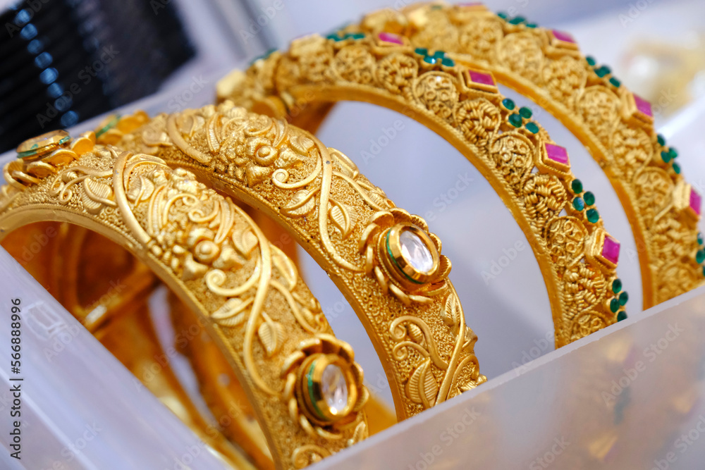 Indian colorful bangles displayed in local shop in a market of Pune ...