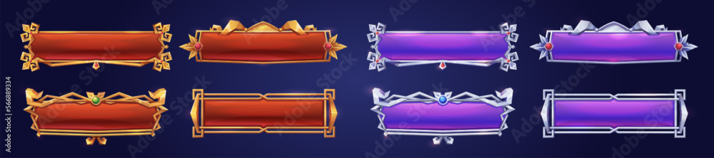 Medieval buttons, ui game menu elements, oblong banners and gold silver ...