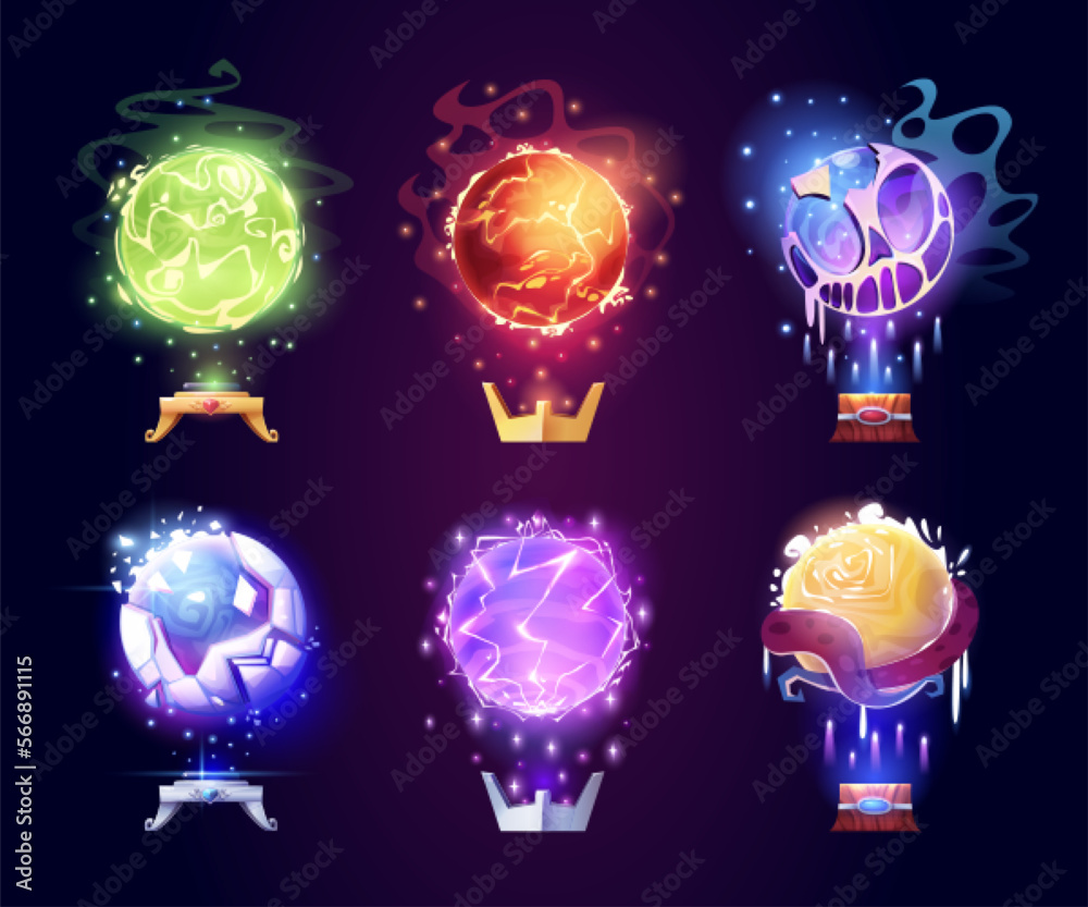 Magic crystal balls, energy spheres with light effect. Fantasy magician ...